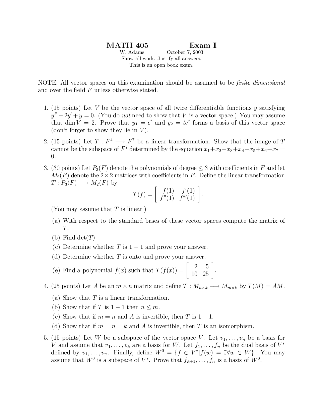 5 Questions Exam 1 - Linear Algebra | MATH 405 | Exams Linear Algebra ...