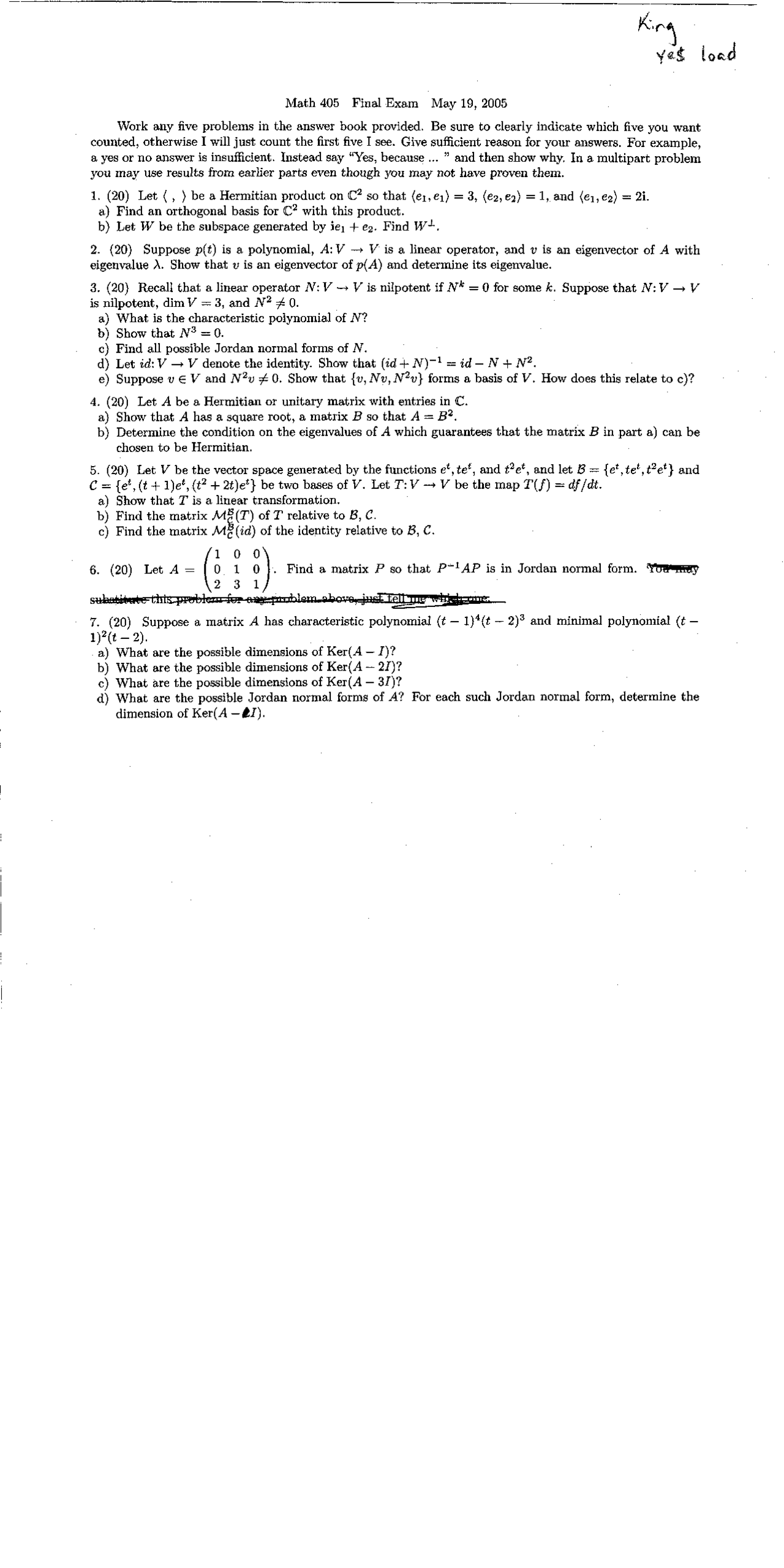 Final Examination Linear Algebra Math 405 Docsity