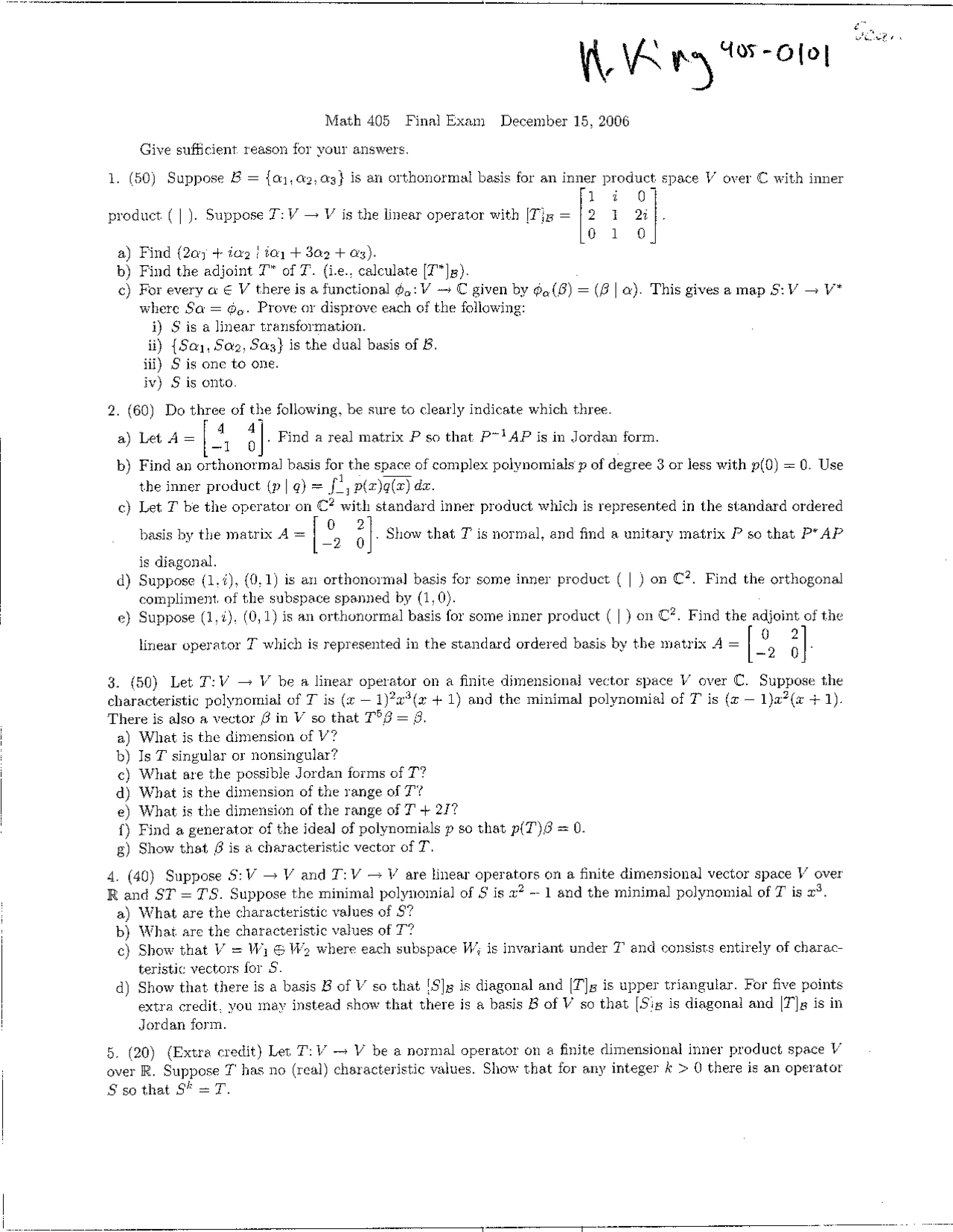 Final Exam Paper Linear Algebra 2006 Math 405 Docsity