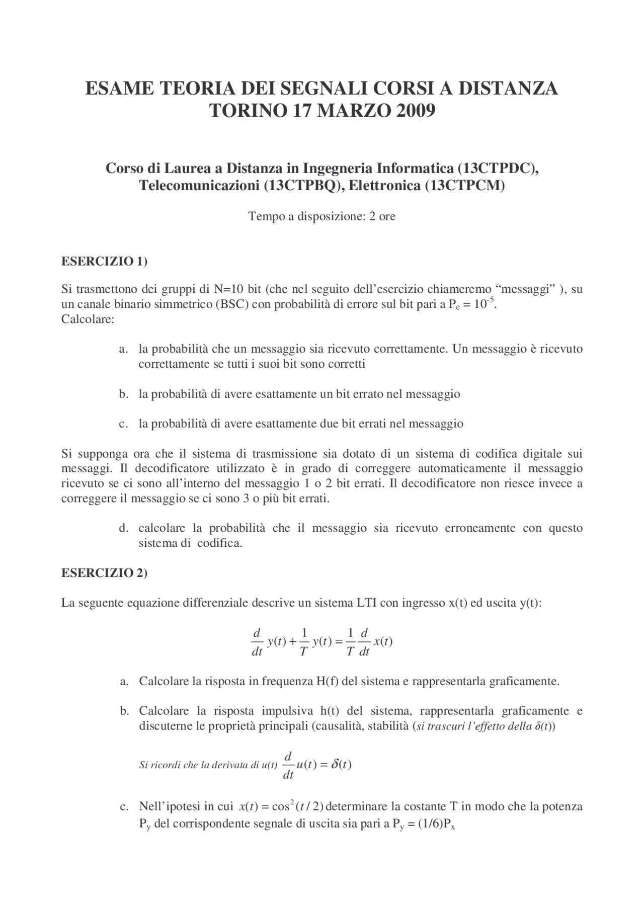 Compito 17 03 2009 Teoria Dei Segnali E Metodi Torino Docsity