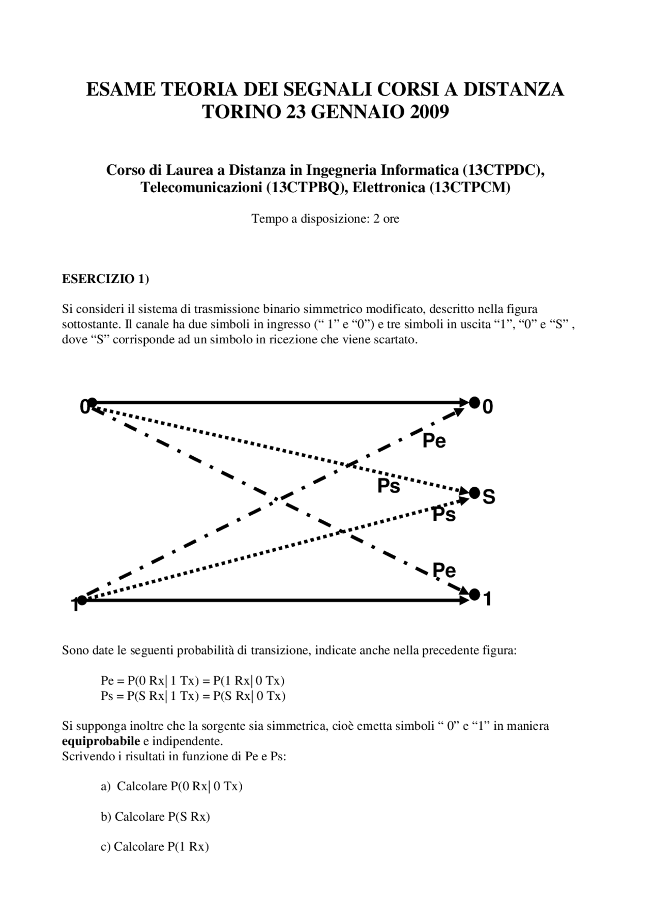 Compito-23-01-2009 Teoria dei segnali e Metodi Torino - Docsity