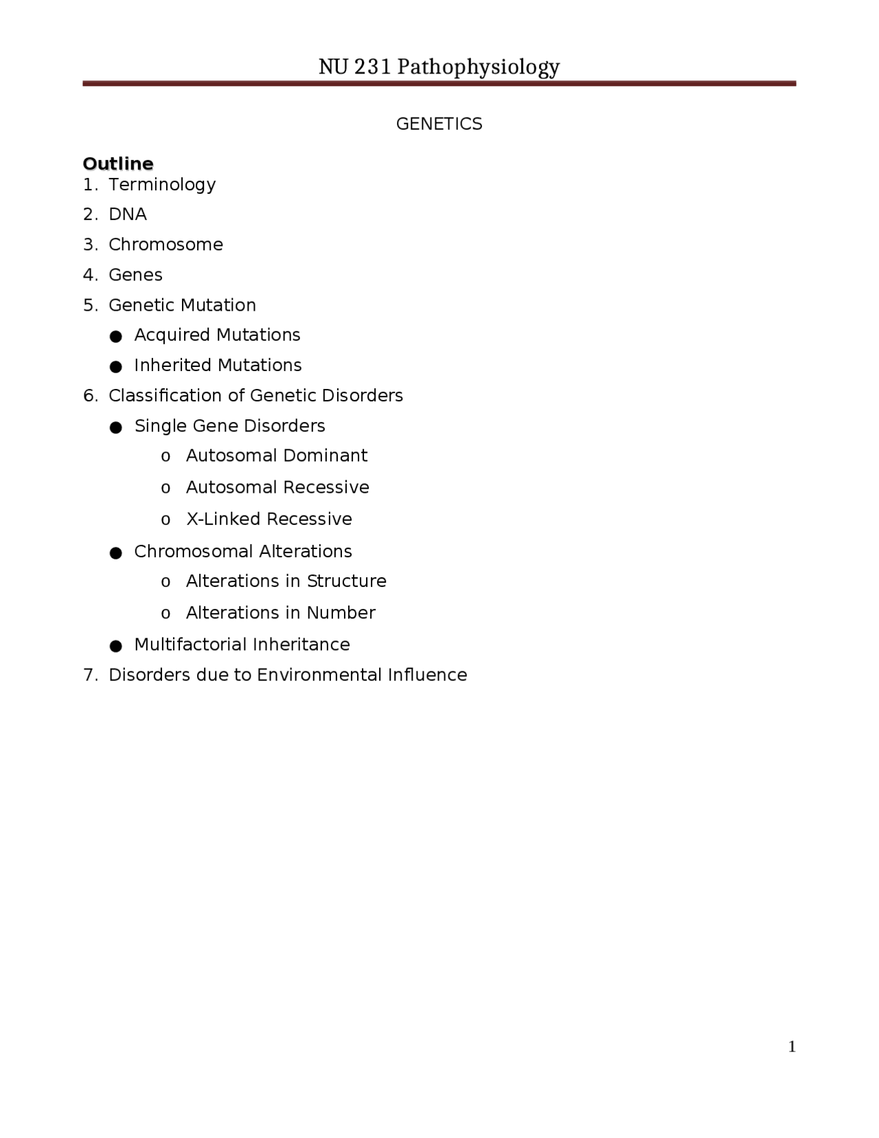 Lecture Notes On Genetics Pathophysiology I Nu 231 Docsity