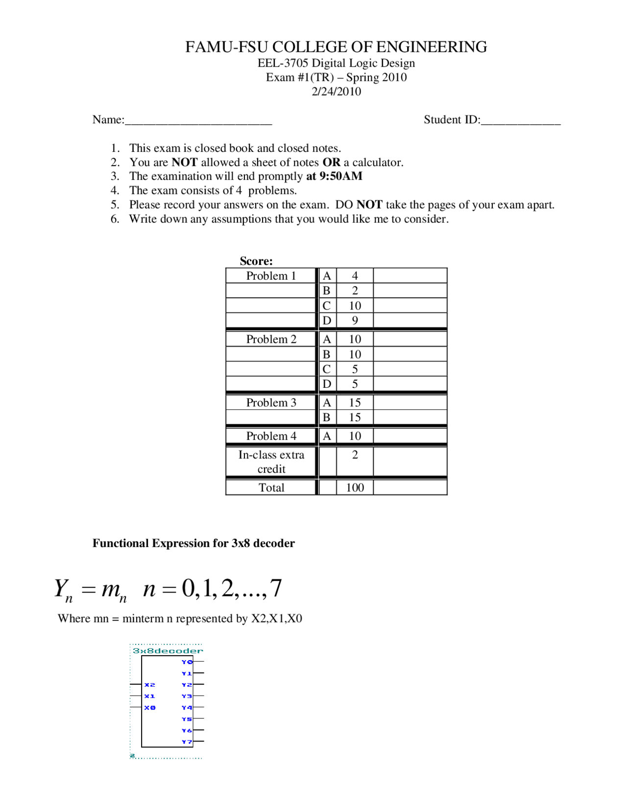 Problem With Solutions For Exam 1 Digital Logic Design Eel 3705