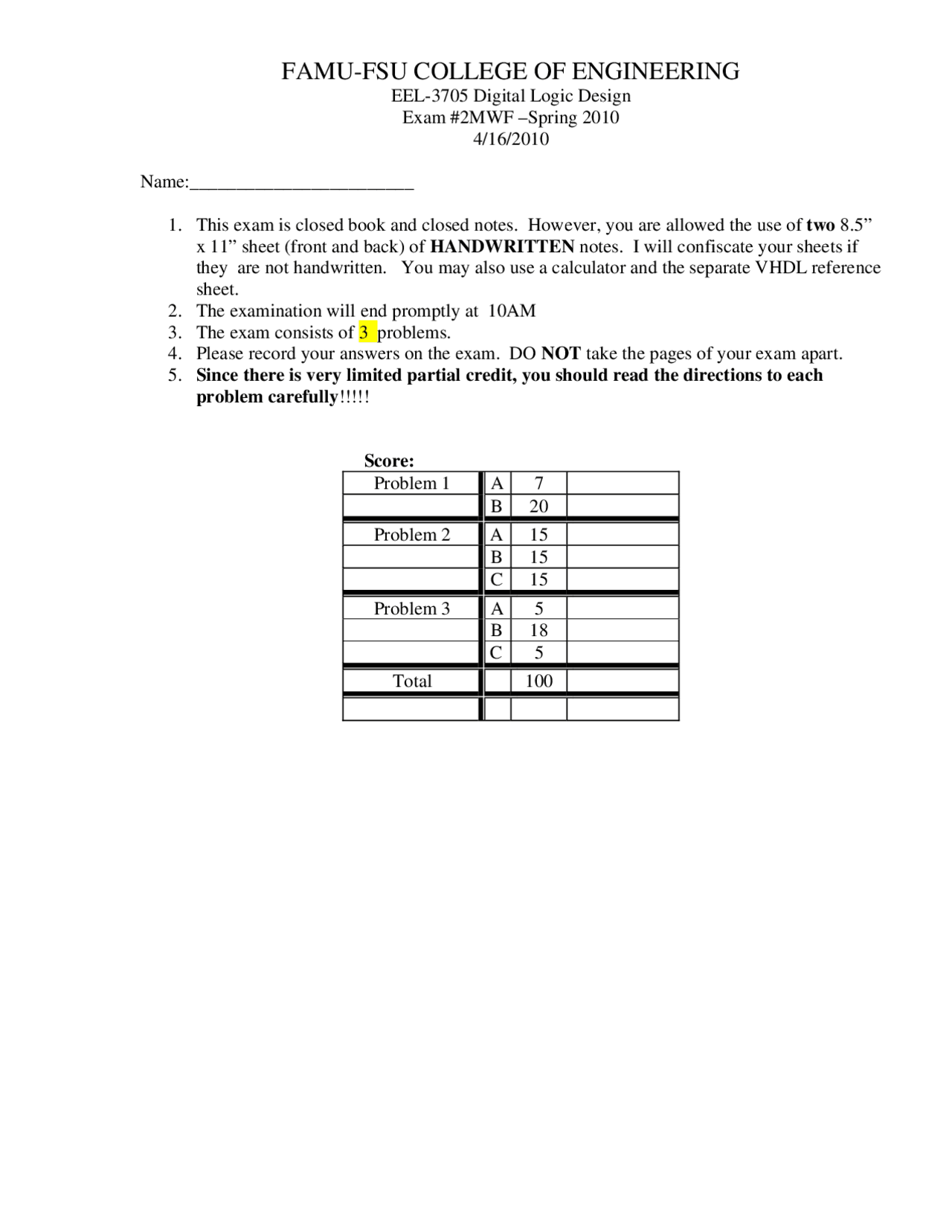Solved Questions For Exam 2 Digital Logic Design Eel 3705 Docsity