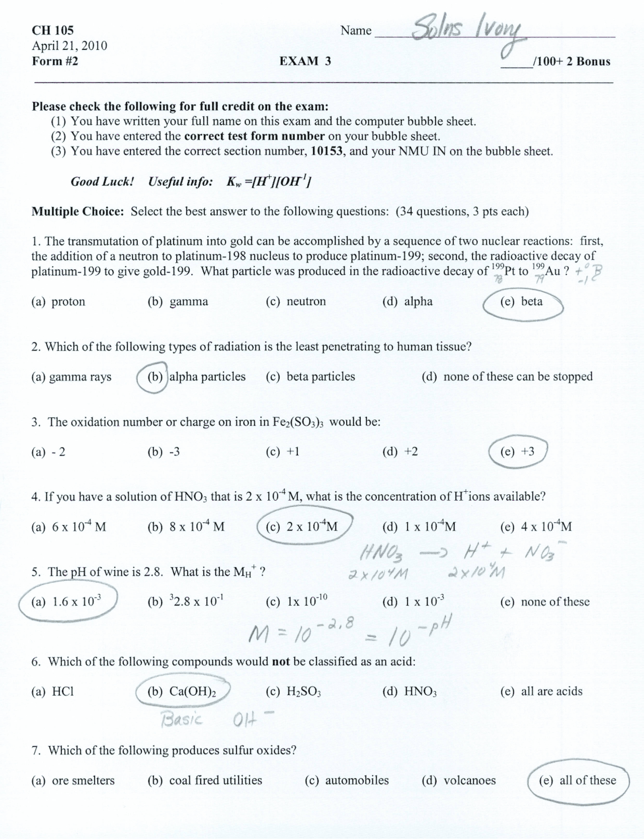 Chemical Principles Solved Questions Of Exam 3 Ch 105 Docsity