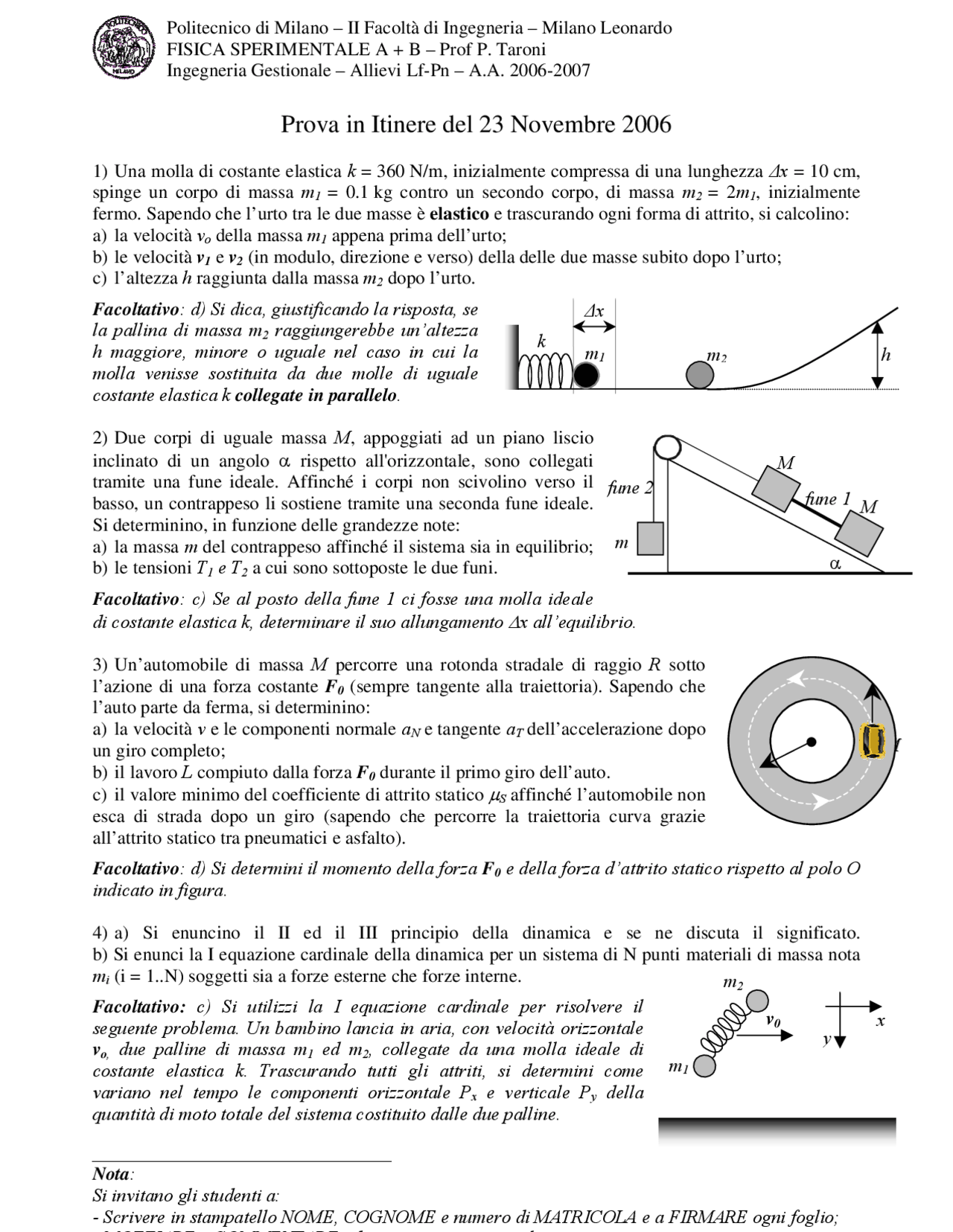 Esame Fisica sperimentale - 23-11-06 - Ingegneria Gestionale,Politecnico Di Milano - Docsity