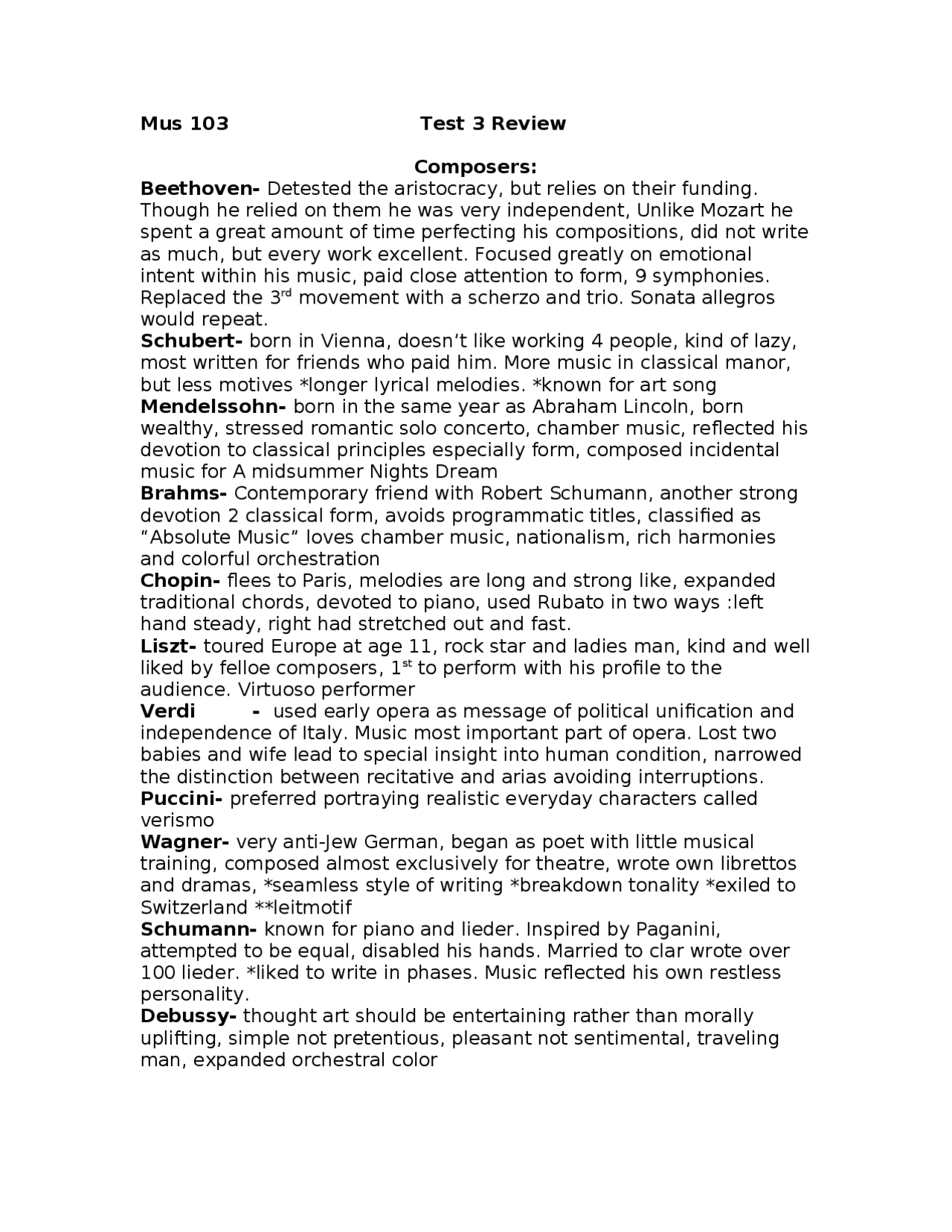 Review Sheet For Old Test 3 Introduction To Music Mus 103 Docsity