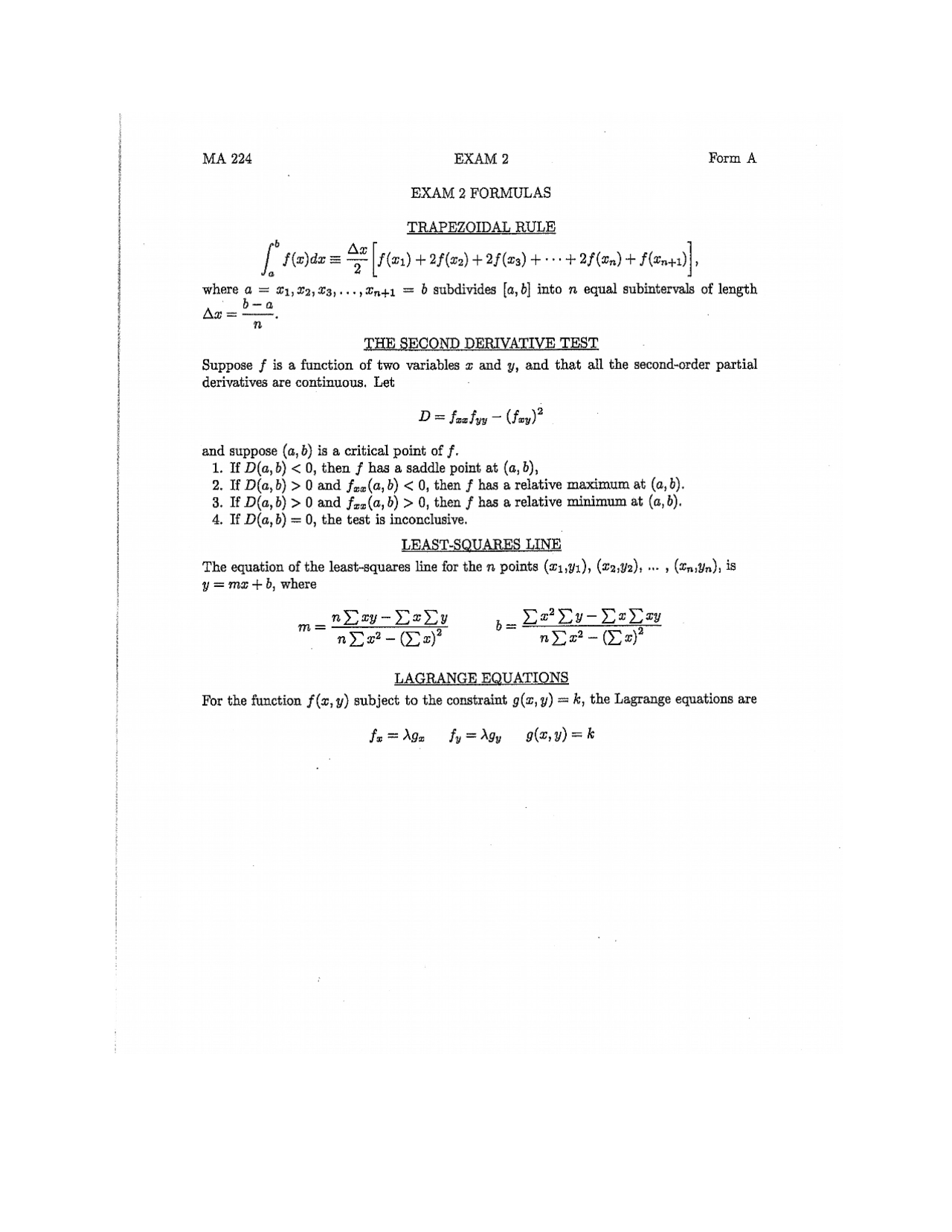 Exam 2 Formulas Introductory Analysis Ii Ma 22400 Docsity