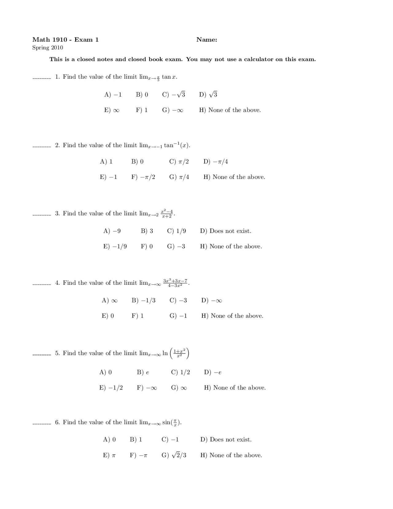 14 Questions of Calculus I - Exam 1 - Spring 2010 | MATH 1910 - Docsity