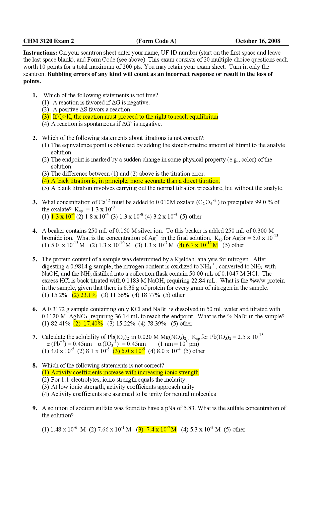 Solutions To Exam 2 Introduction To Analytic Chemistry Chm 3120