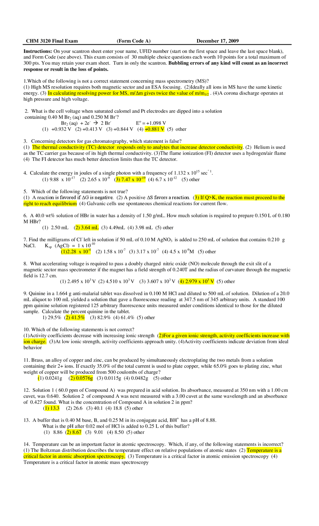 Solutions To Final Exam Introduction Analytical Chemistry Chm 3120