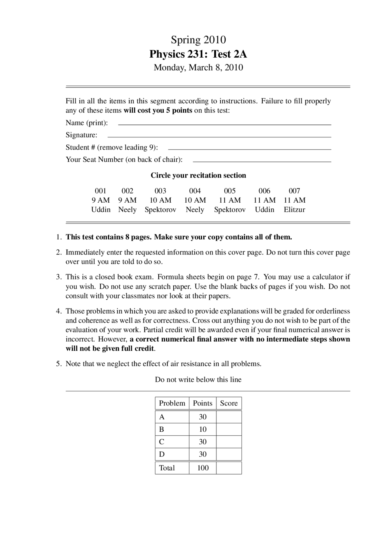 4 Problems On General Universal Physics Exam 2 Phy 231 Docsity