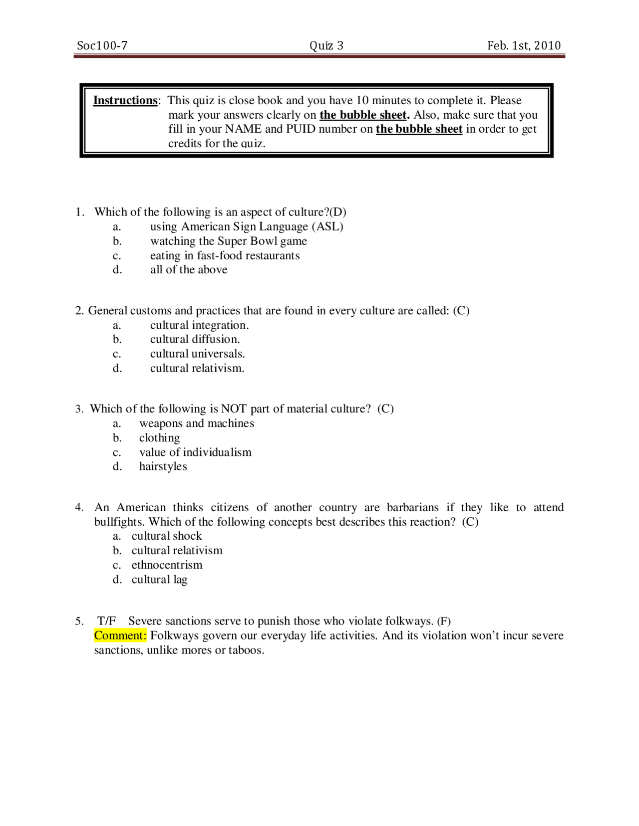 Introductory Sociology Multi-Choice Quiz 3 with Answers | SOC 10000 ...