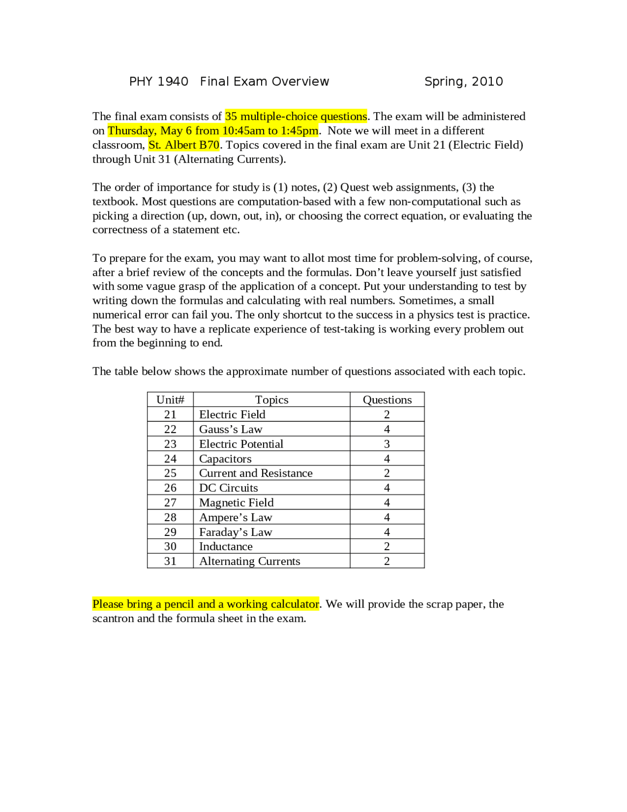 Final Exam Overview For Physics Ii Phy 1940 Docsity