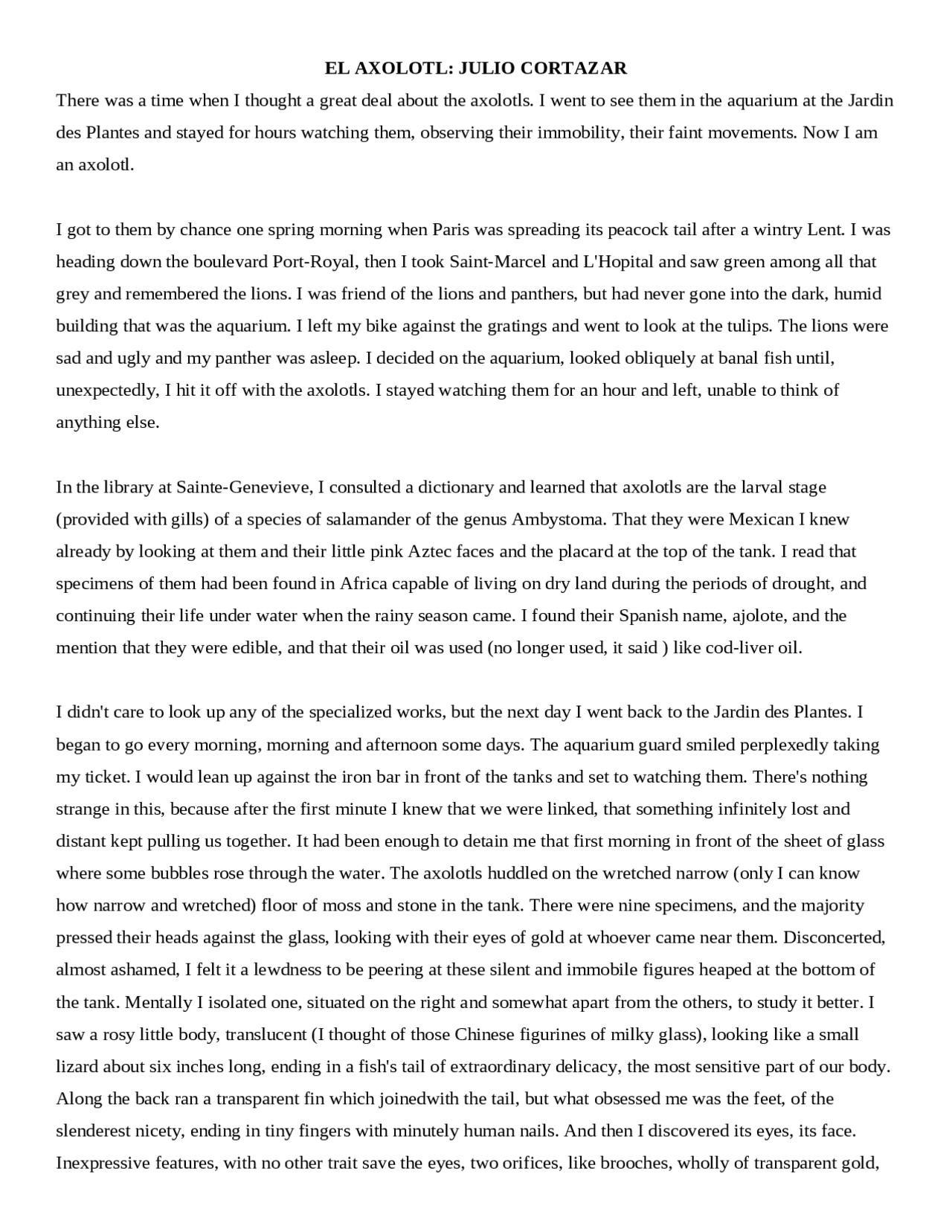 Lecture notes on El Axolotl: Julio Cortazar | HISP - Docsity