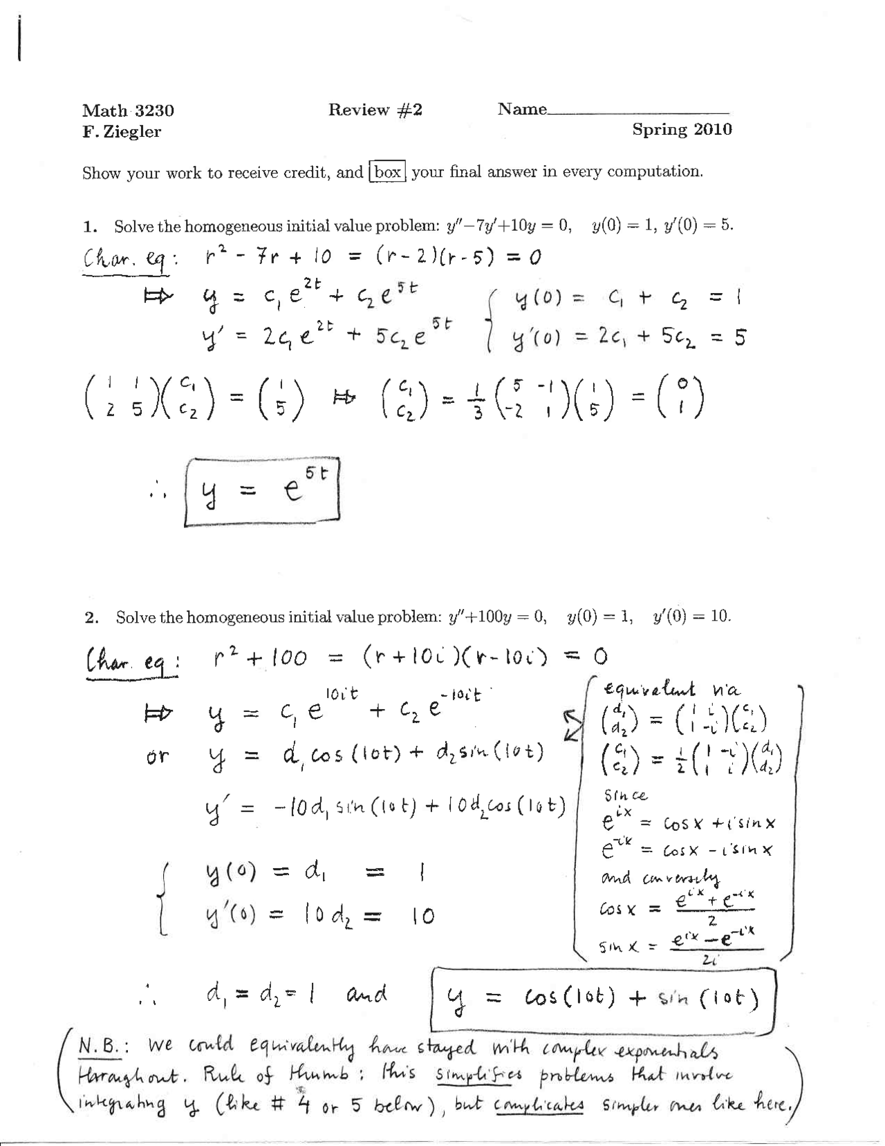 Ordinary Differential Equation Review Sheet Math 3230 Docsity