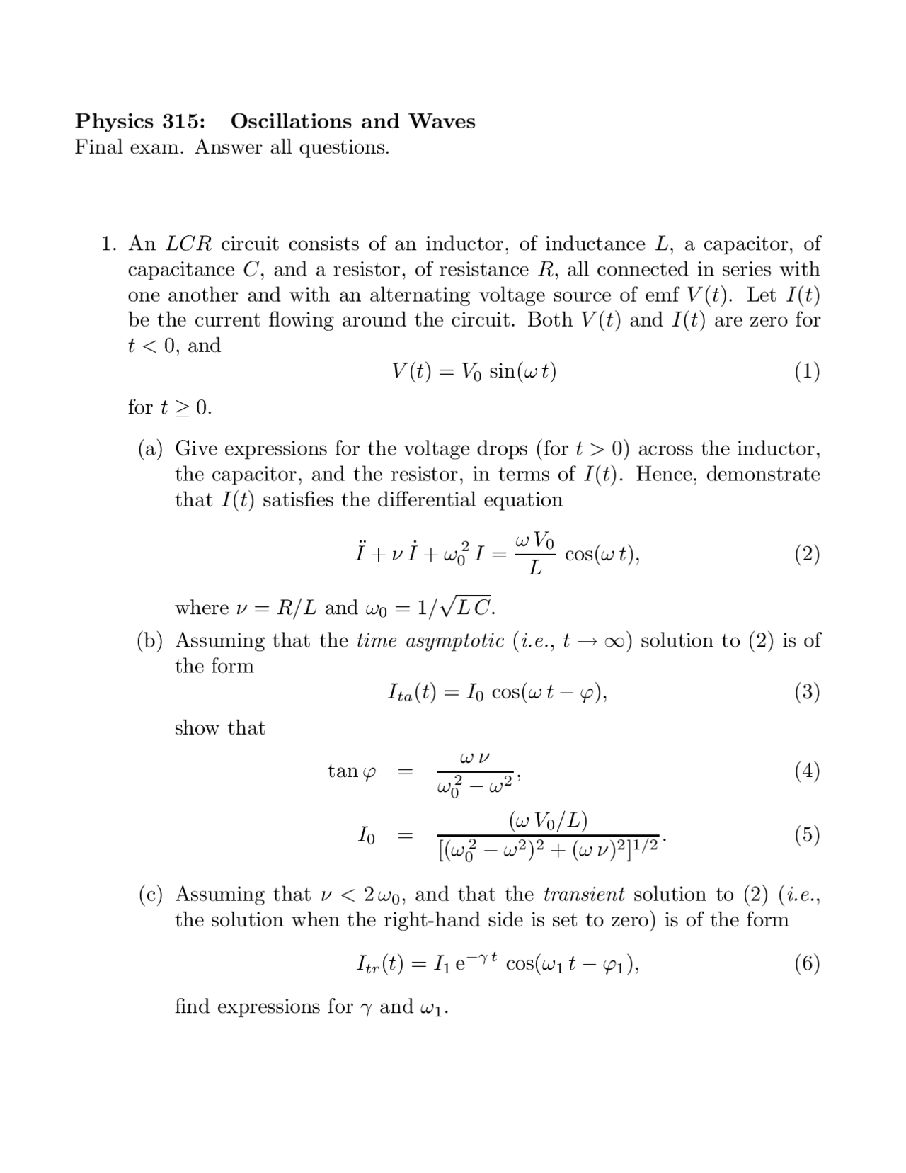 Final Exam for Oscillations and Waves | PHY 315 | Exams Physics - Docsity