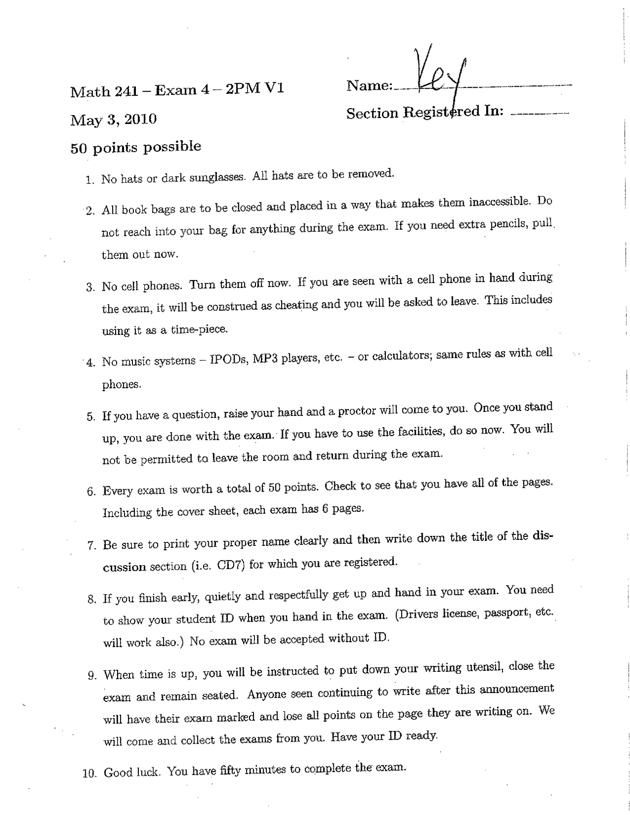 Calculus Iii Exam 4 With Solved Questions Fall 2010 Math 241