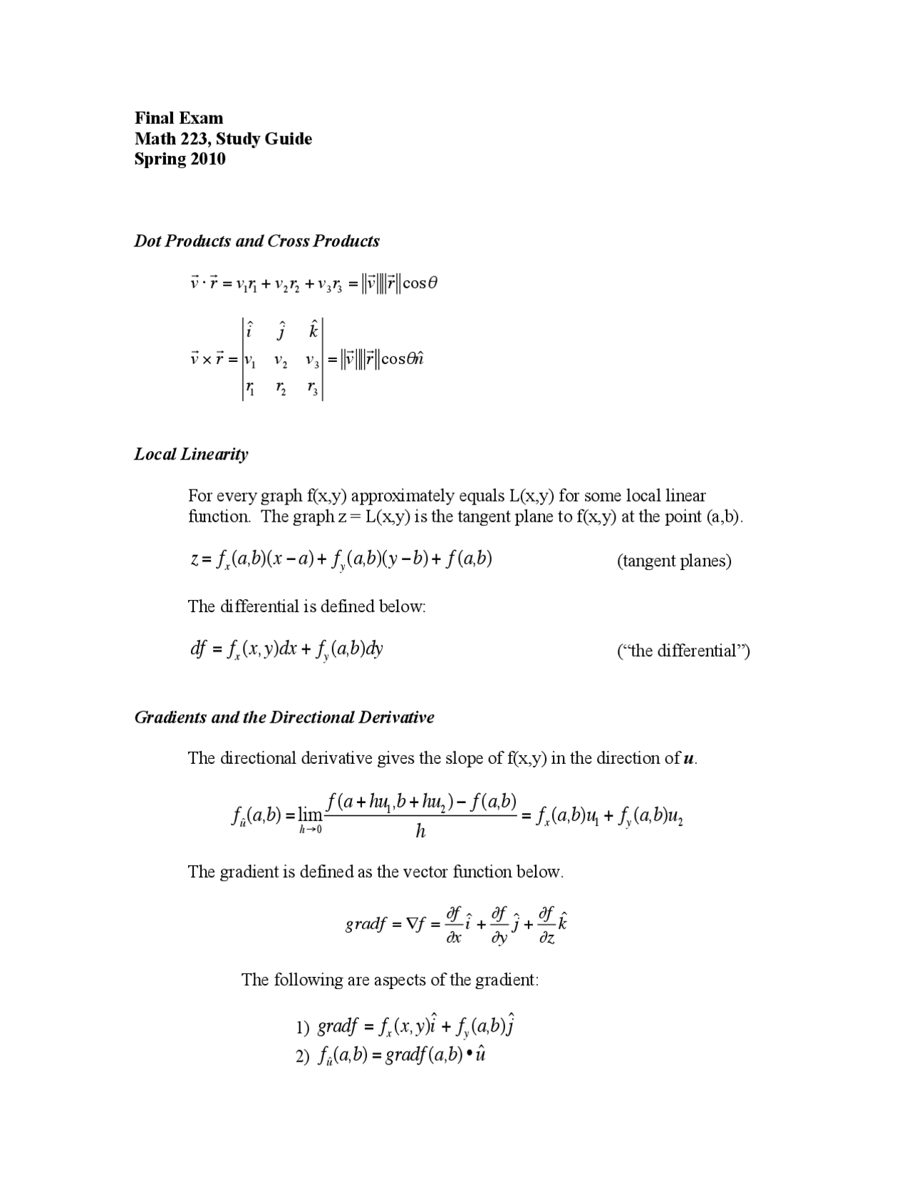 Final Exam Study Guide - Vector Calculus | MATH 223 - Docsity