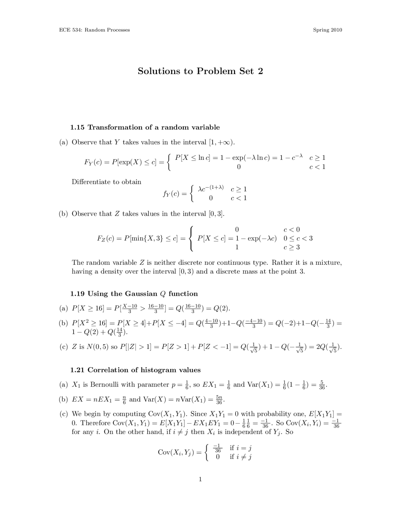 Problem Set 2 With Solutions Random Processes 2010 Ece 534 Docsity