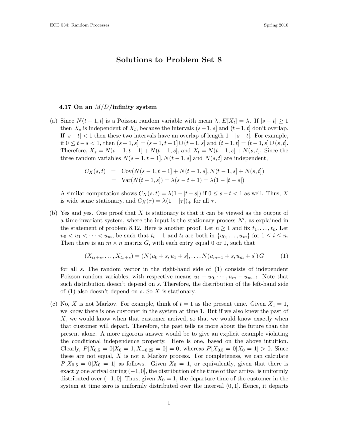 Solutions to Problem Set 8 - Random Processes – 2010 | ECE 534 - Docsity