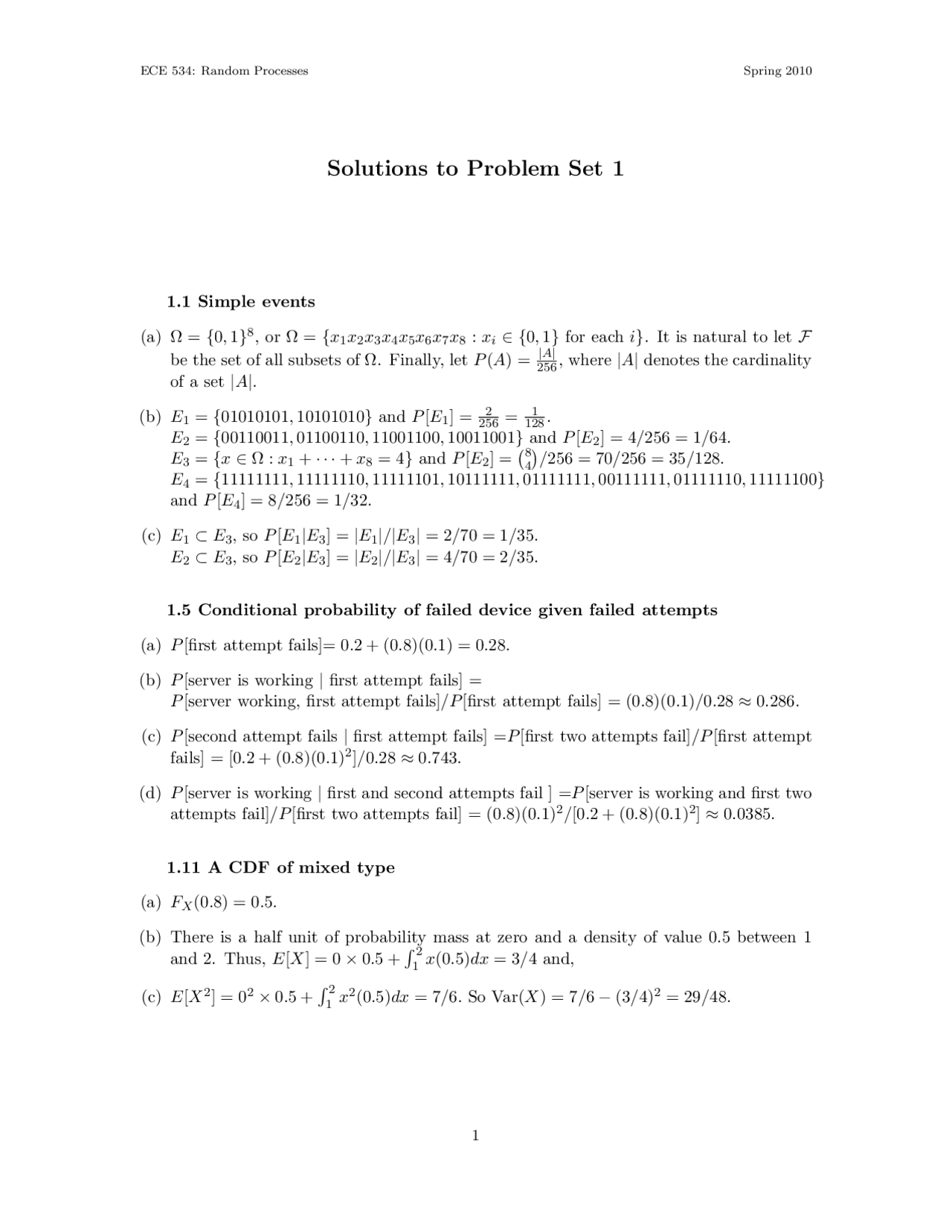 Solutions To Problem Set 1 Random Processes Spring 2010 Ece 534