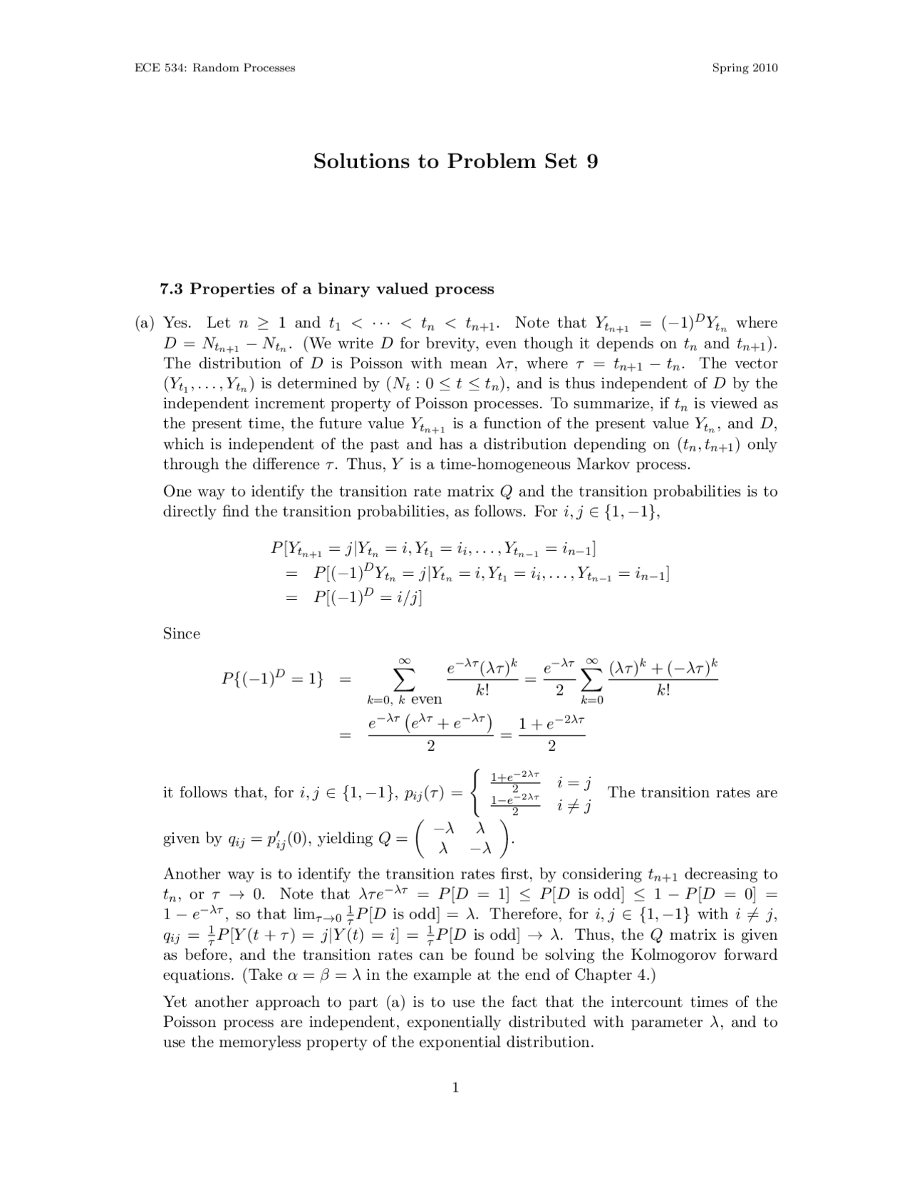 Solutions to Problem set 9 on Properties of Binary Valued Process | ECE 534 - Docsity