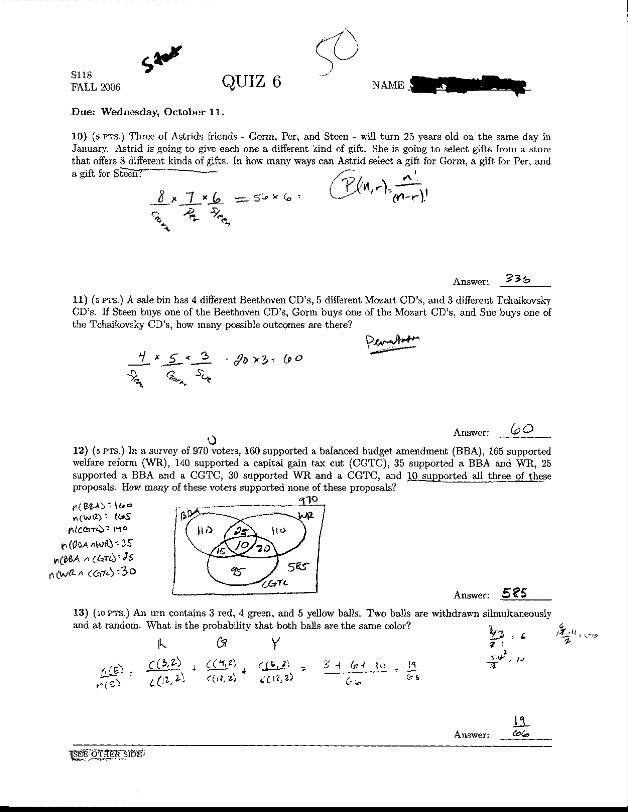 Quiz 6 With Solutions Honors Finite Mathematics Math Docsity