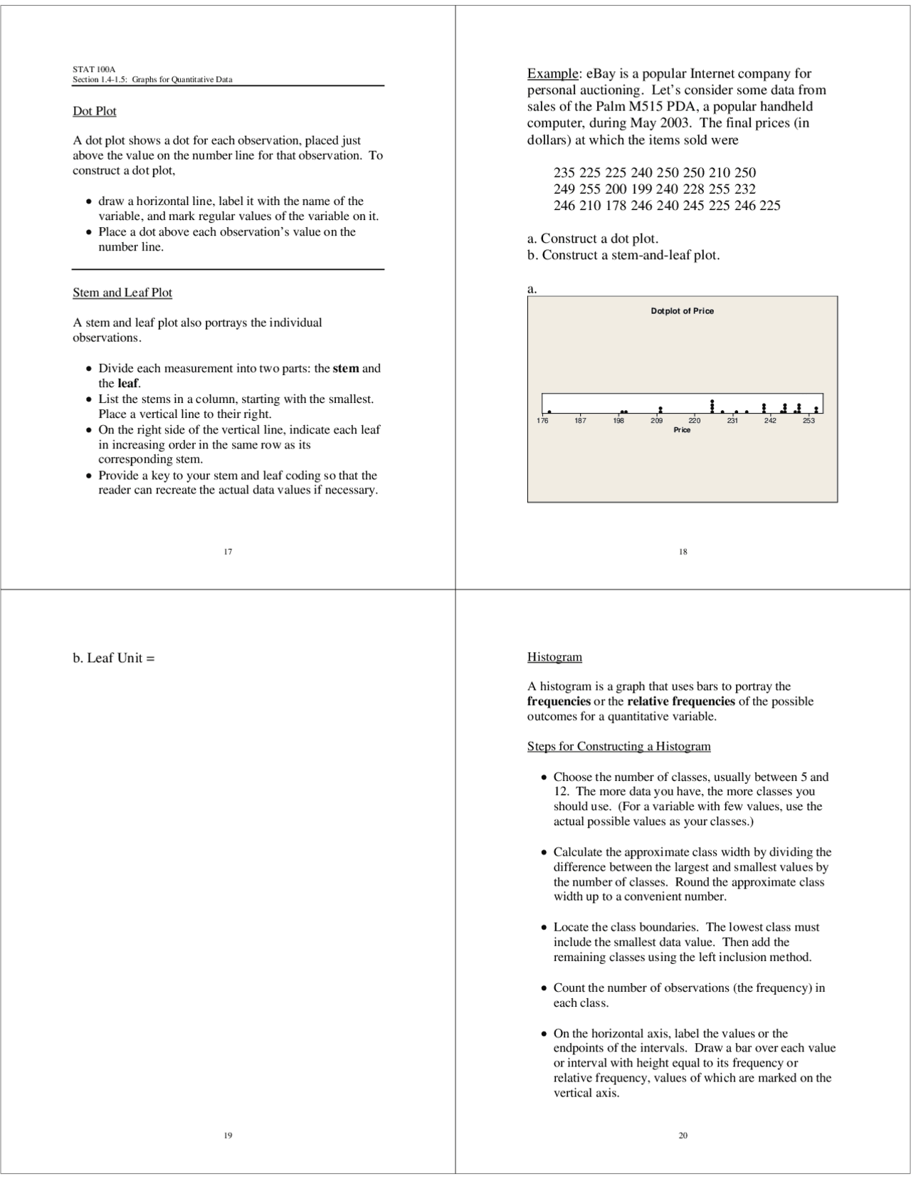 Lecture Slides On Dot Plot Introduction To Statistics Stat 100a