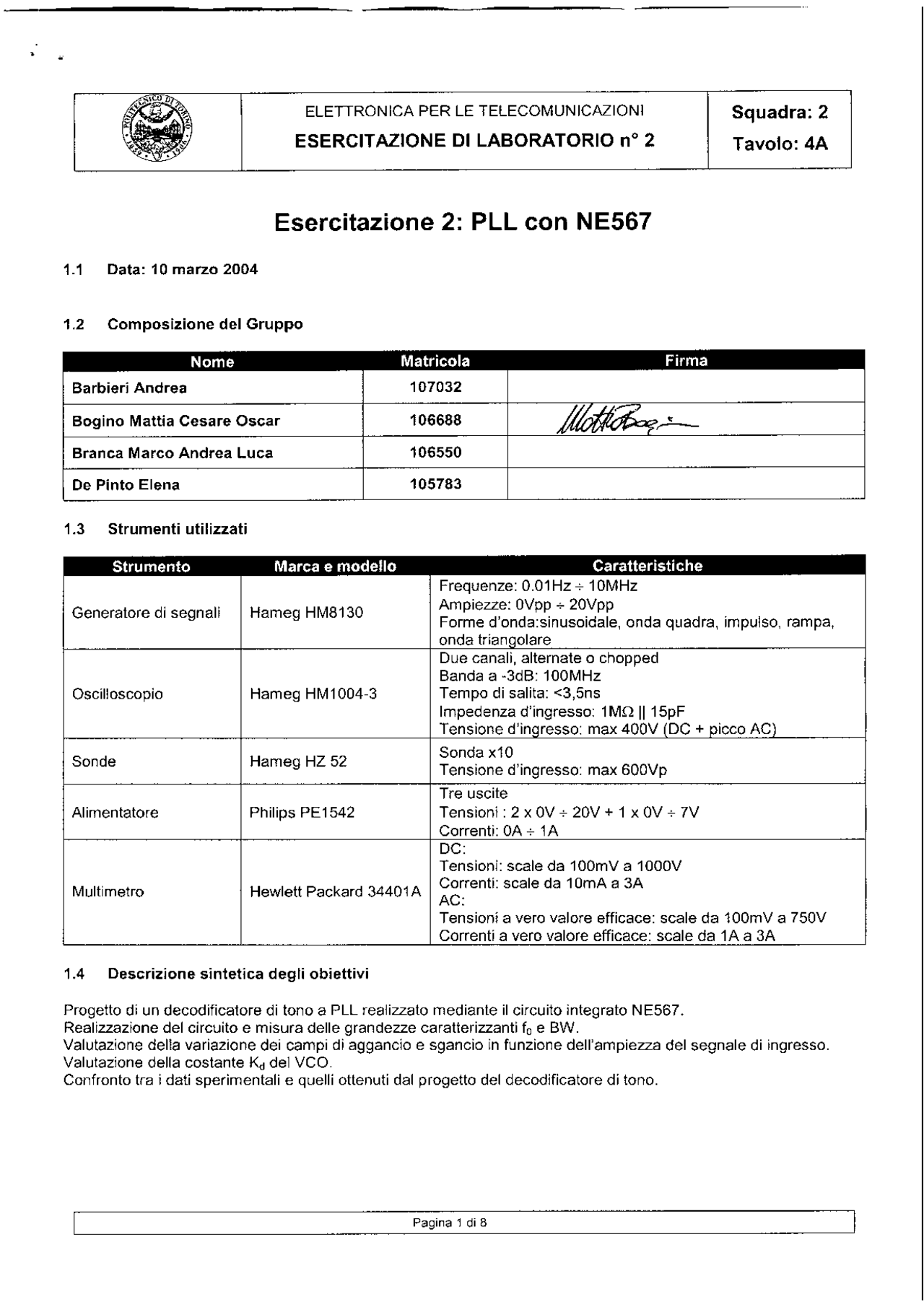 [MB] Elettronica per le telecomunicazioni - Lab2 - PLL con NE567 - Docsity