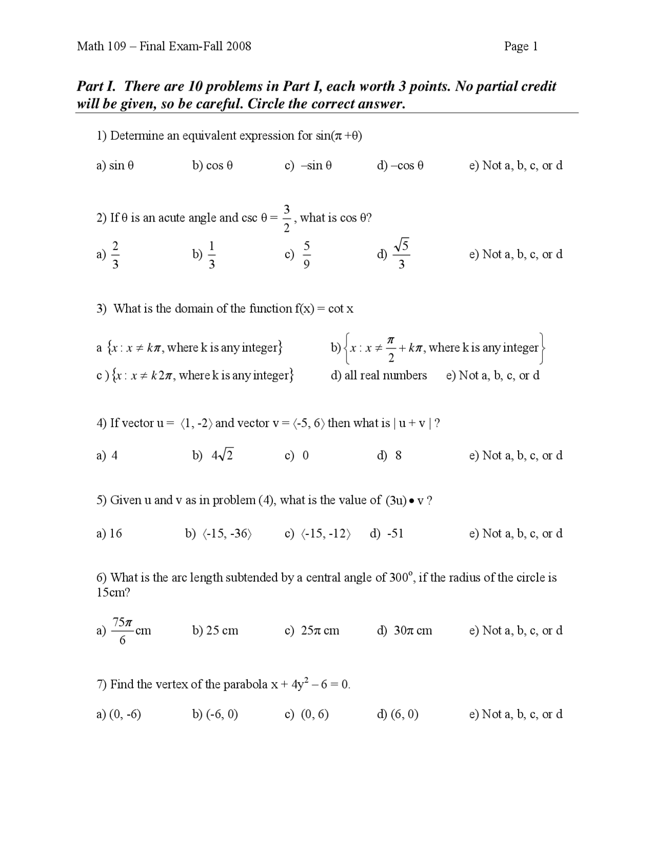 Final Exam Trigonometry And Analytic Geometry Math 109 Docsity