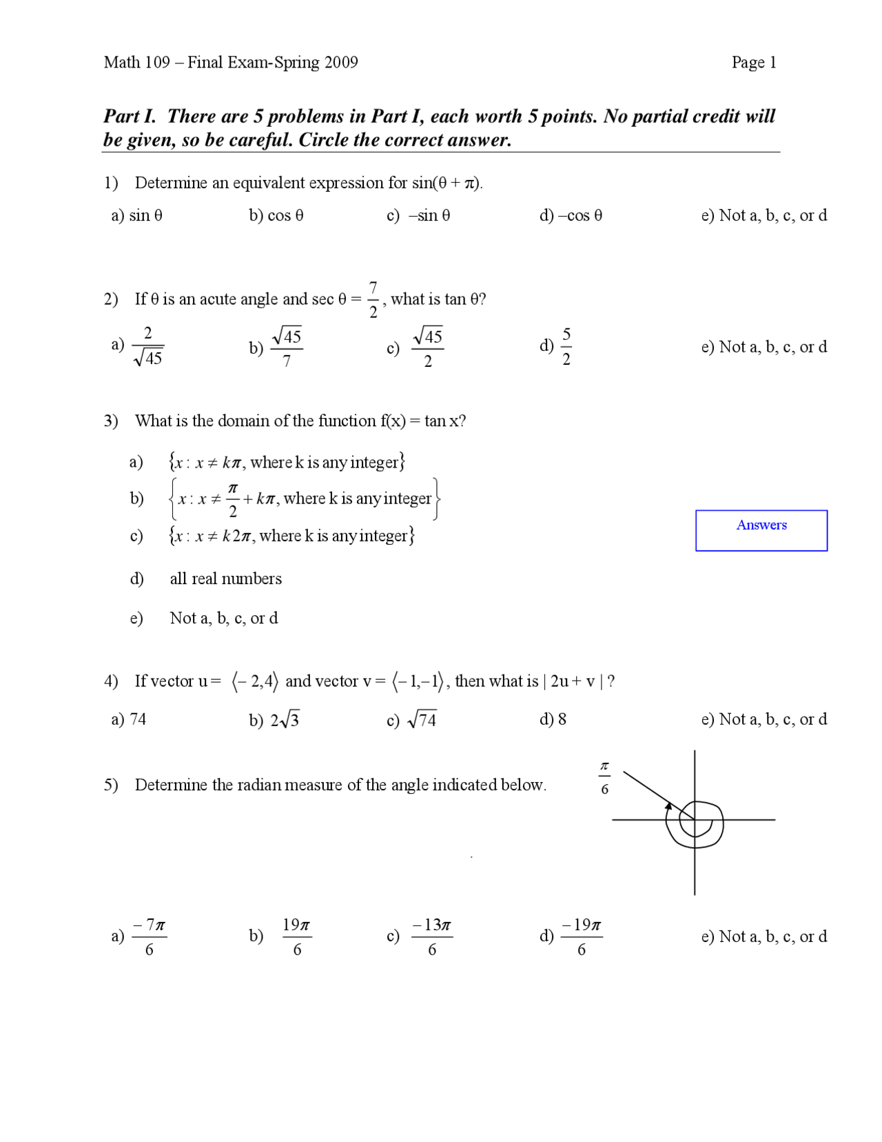 Final Exam With Solution Trigonometry And Analytic Geometry Math