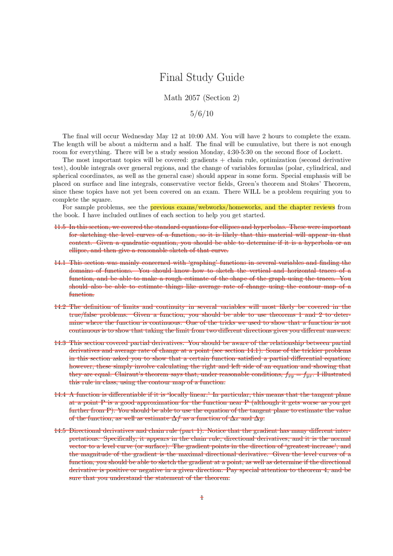 Multidimensional Calculus – Final Study Guide | MATH 2057 - Docsity