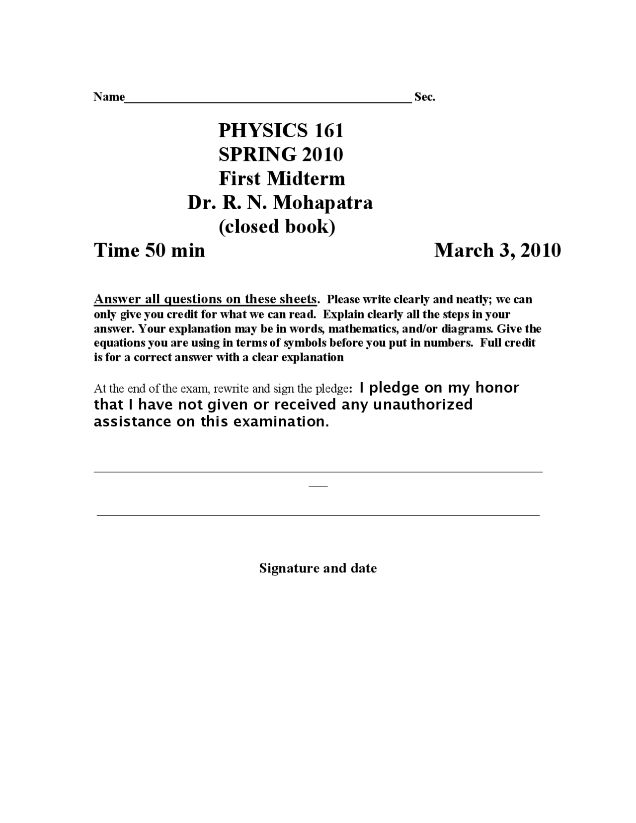 Physics Exam Velocity Acceleration And Forces Phys 161 Docsity