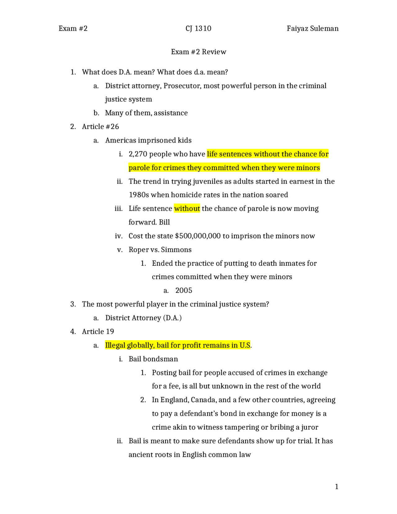 Exam 2 Review Paper - Introduction to Criminal Justice | CJ 1310 - Docsity