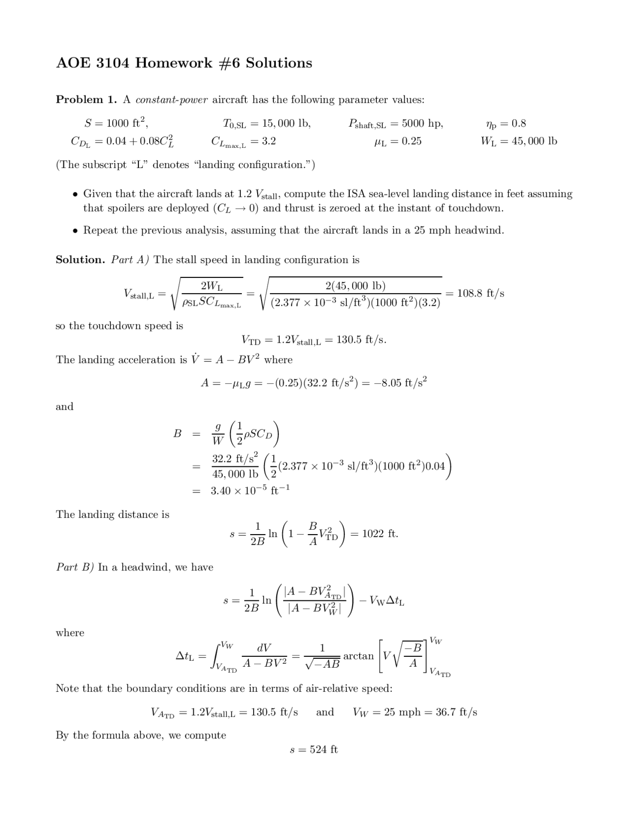 Homework 6 With Solutions For Aircraft Performance Aoe 3104 Docsity