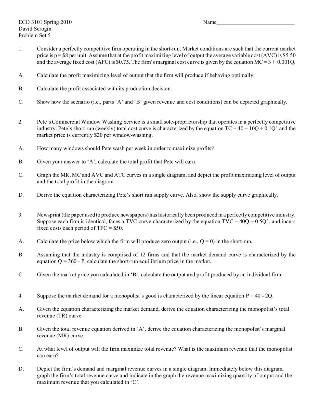 Problem Set 5 Intermediate Microeconomics Eco 3101 Assignments