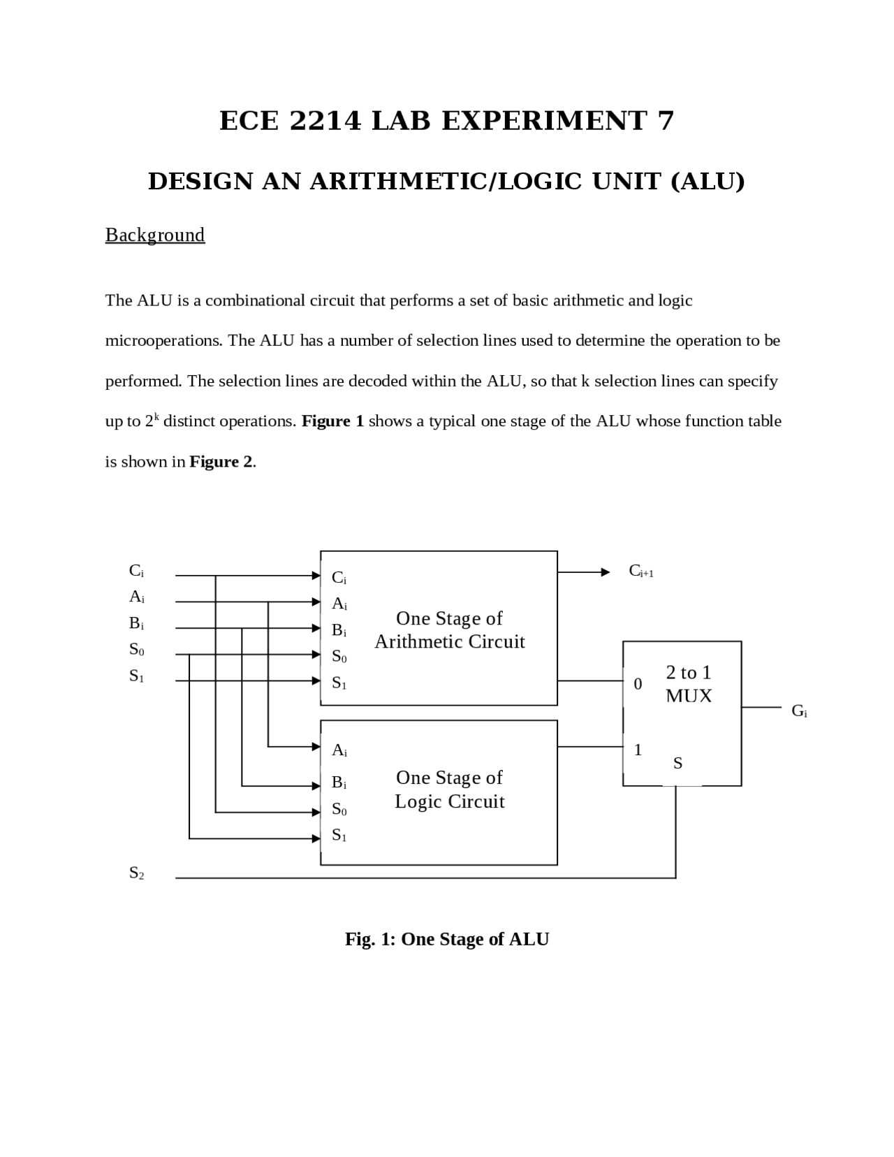 Design And Arithmetic And Logic Unit Lab Experiment 7 Ece 2214
