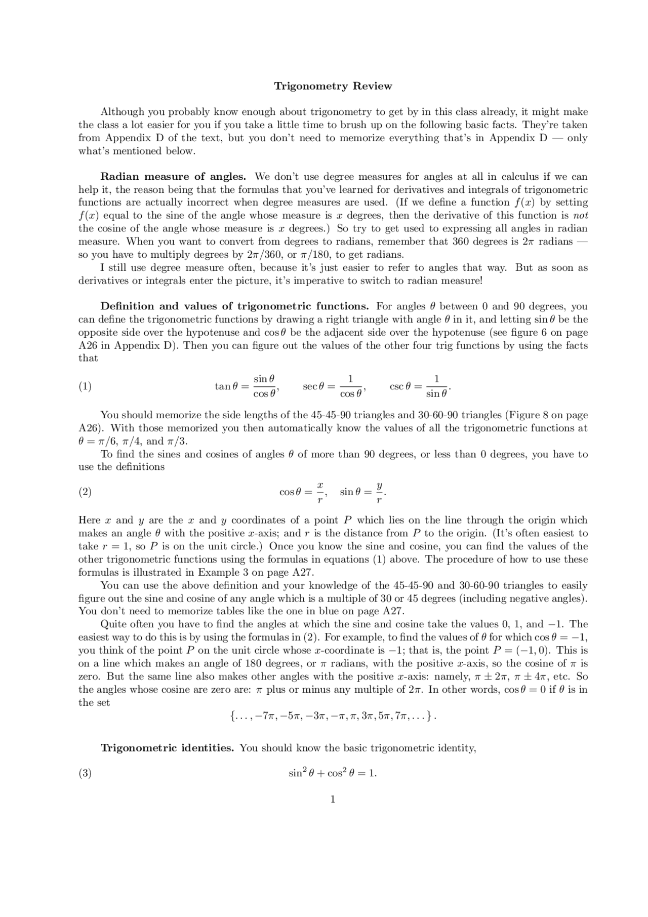 Review Sheet For Trigonometry Calculus And Analytic Geometry Ii