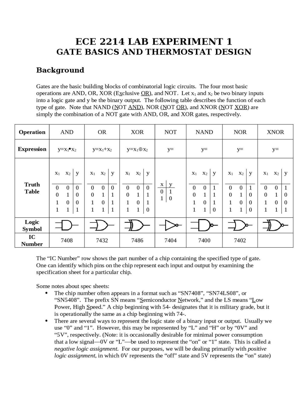 Gate Basics and Thermostat Design - Lab Experiment 1 | ECE 2214 - Docsity