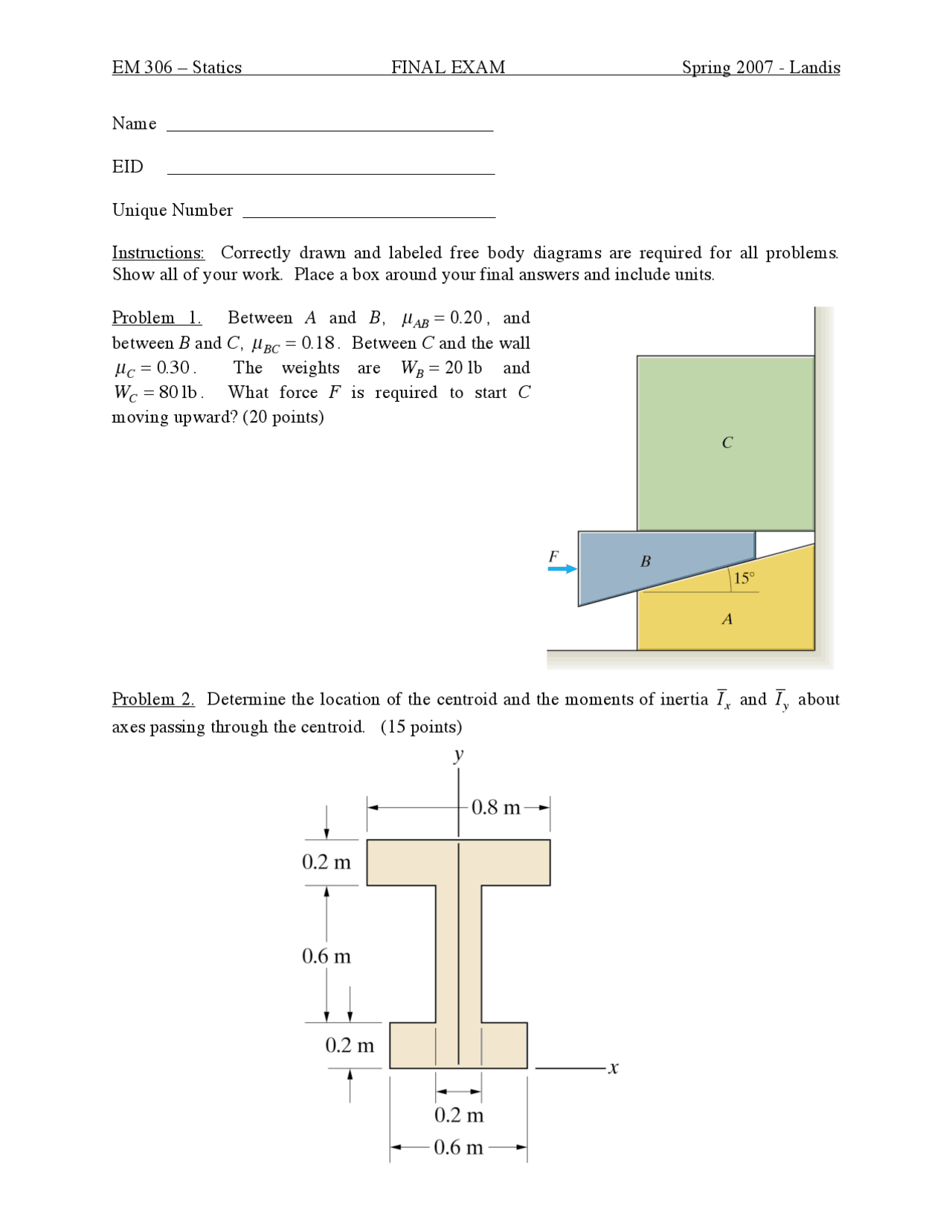 Final Exam With Solutions Statistics Spring 2007 E M 306 Docsity