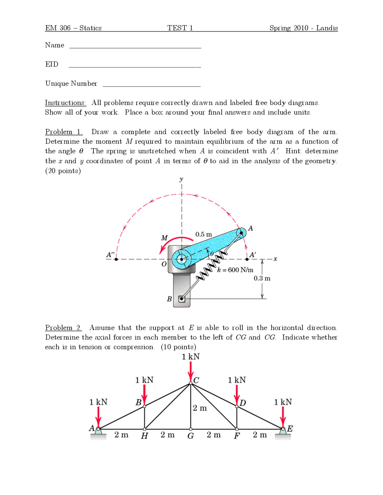 3 Solved Problems On The Statics Examination 1 E M 306 Docsity