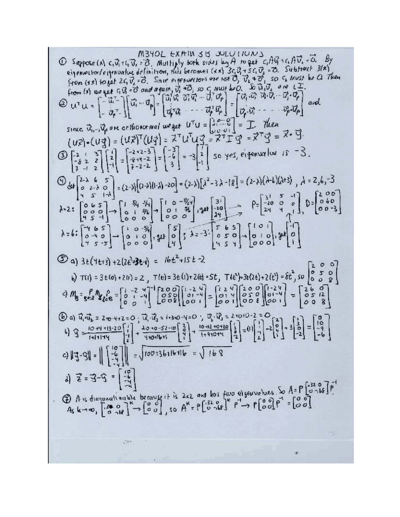 Matrices Calculus Calculations - Exam 3 Solutions | M 340L - Docsity