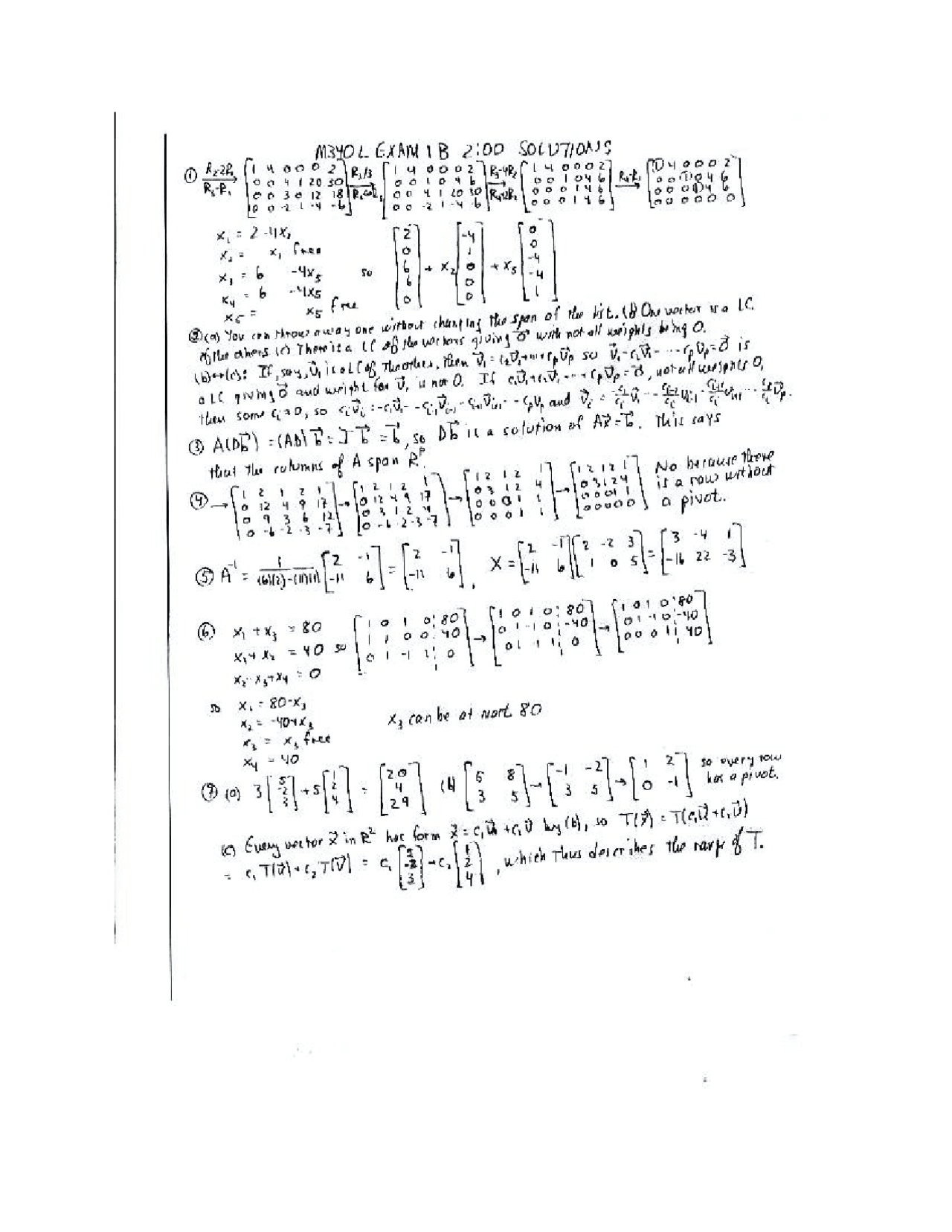 Past Exam 1B with Solutions - Matrices/Matrix Calculations | M 340L - Docsity