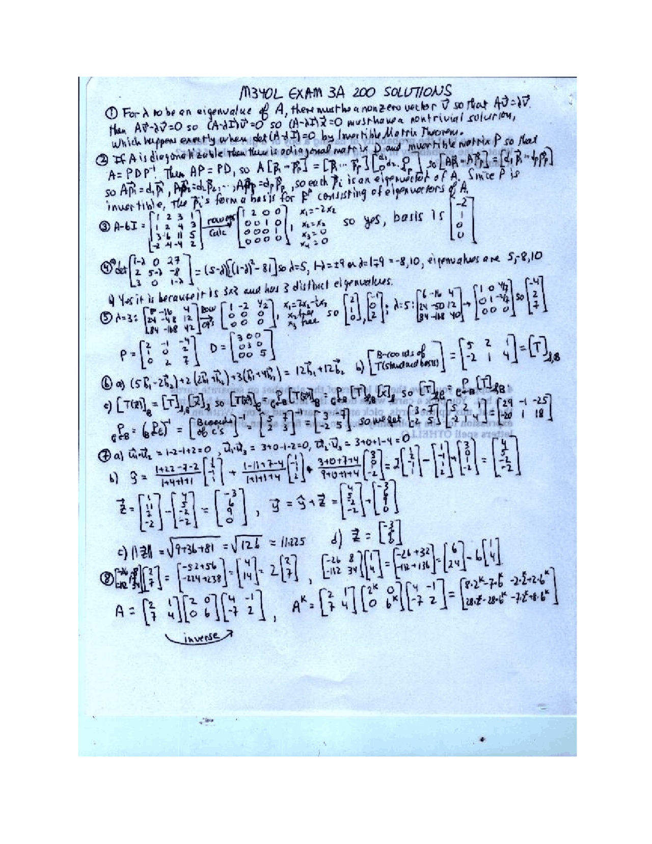 Exam 3 Solved Matrices And Matrix Calculations M 340l Docsity