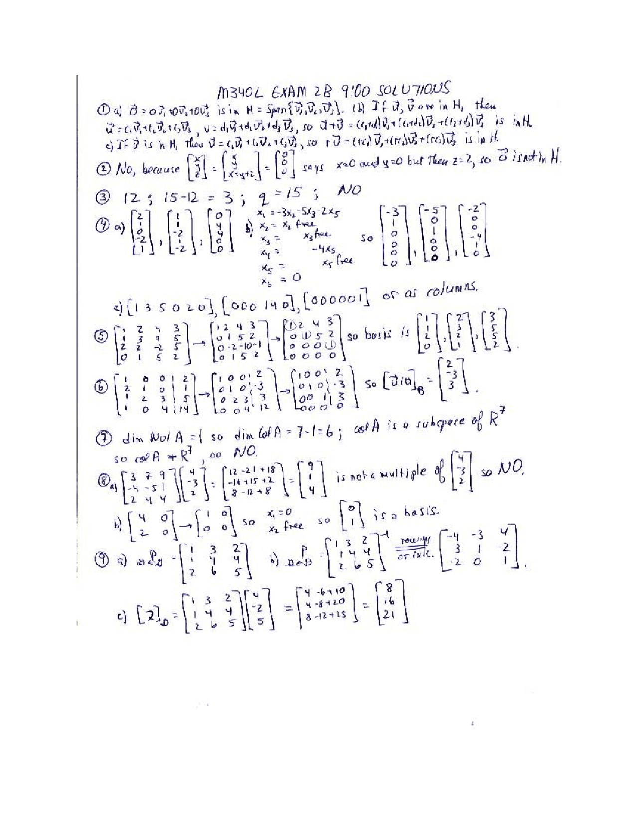 Exam 2 Solutions Matrices And Matrix Calculations M 340l Docsity