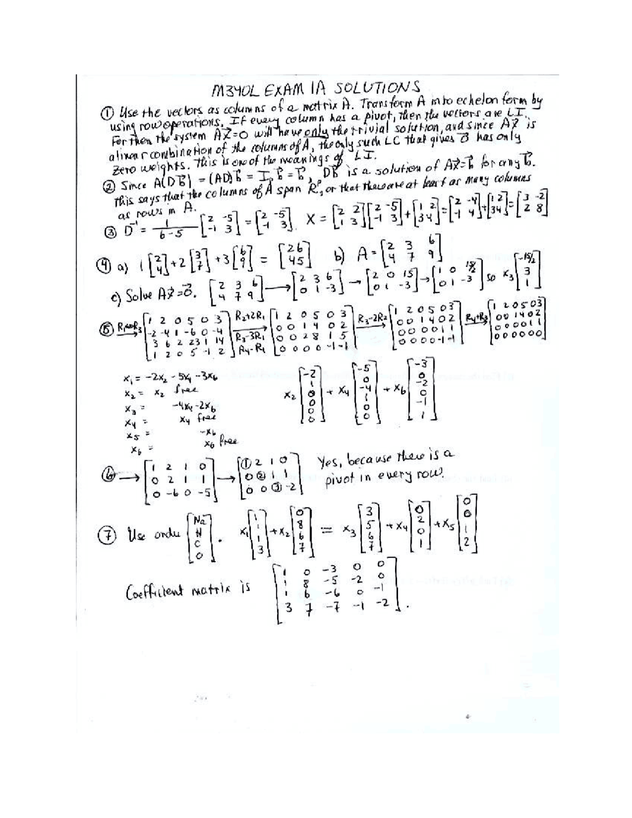 Solved Exam 1 Matrices Calculus Calculations M 340l Docsity
