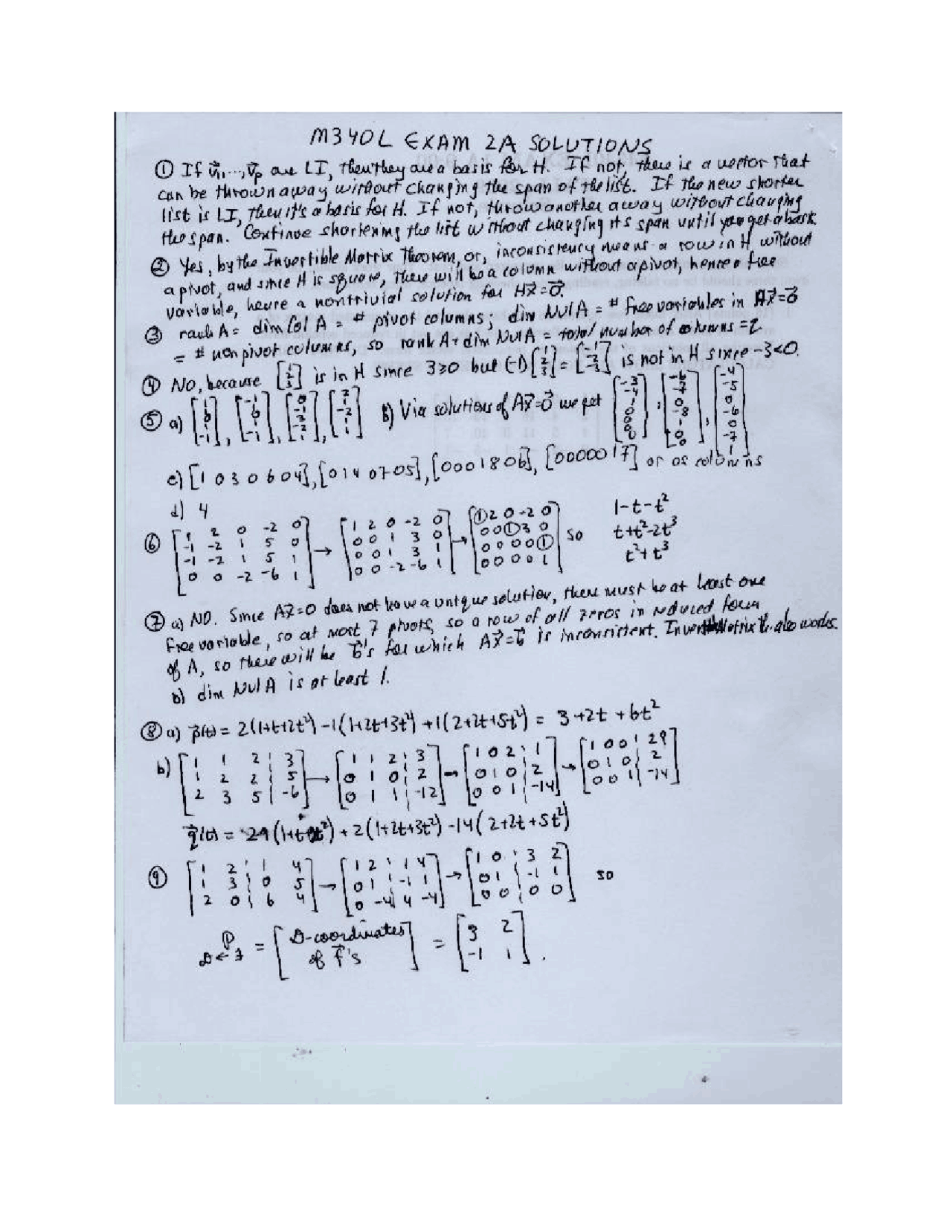 Exam 2a Solutions Matrices Calculus Calculations M 340l Docsity