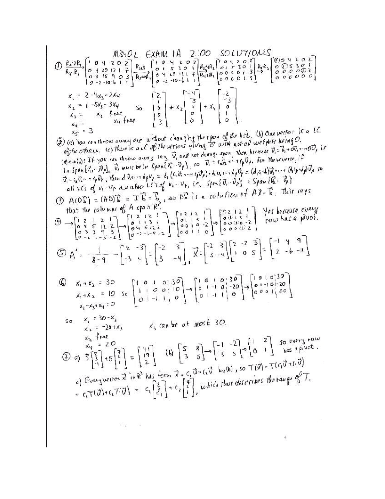 Old Exam 1a With Solutions Matricesmatrix Calculations M 340l