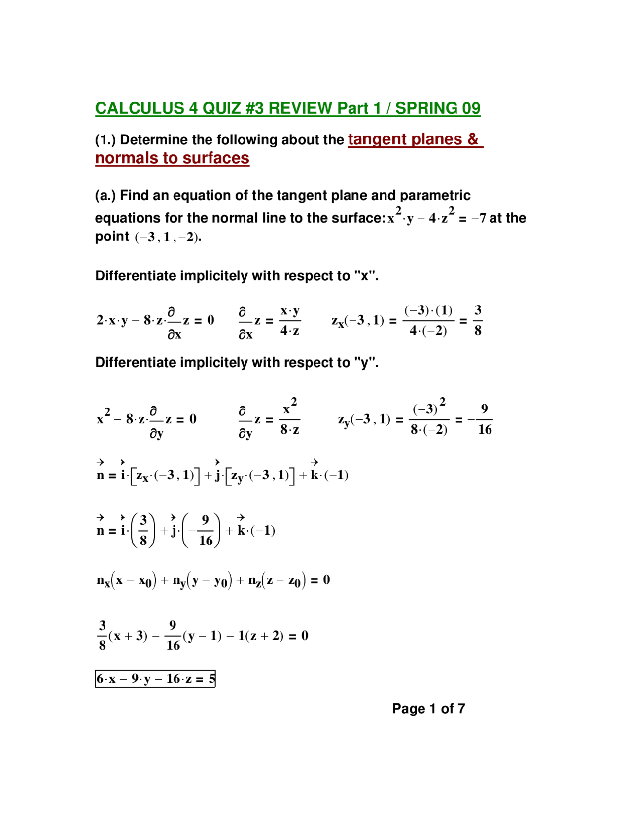 Quiz 3 With Solutions For Multivariate Calculus Math 200 Docsity